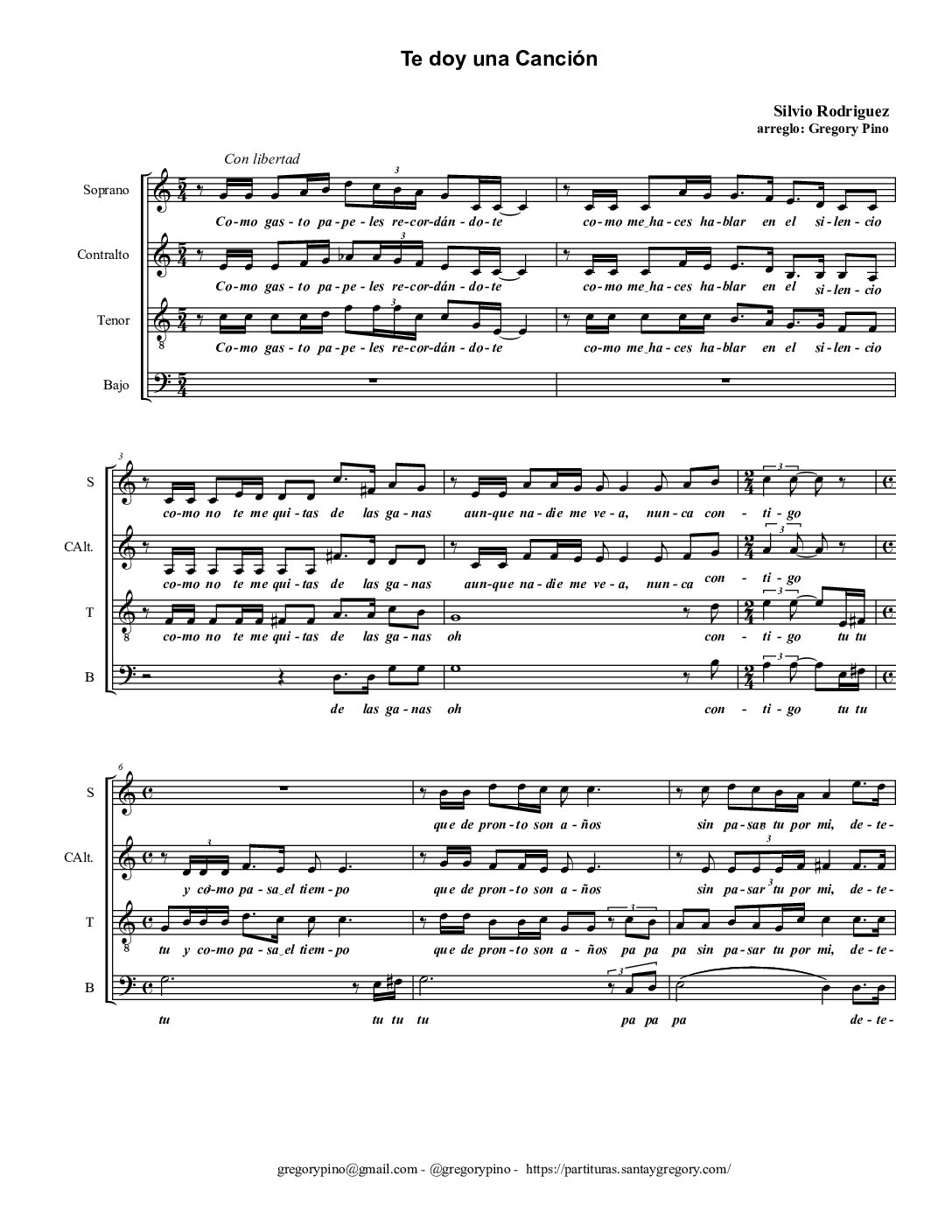 Te doy una canción, Silvio Rodriguez, para SATB y solista - partituras ...